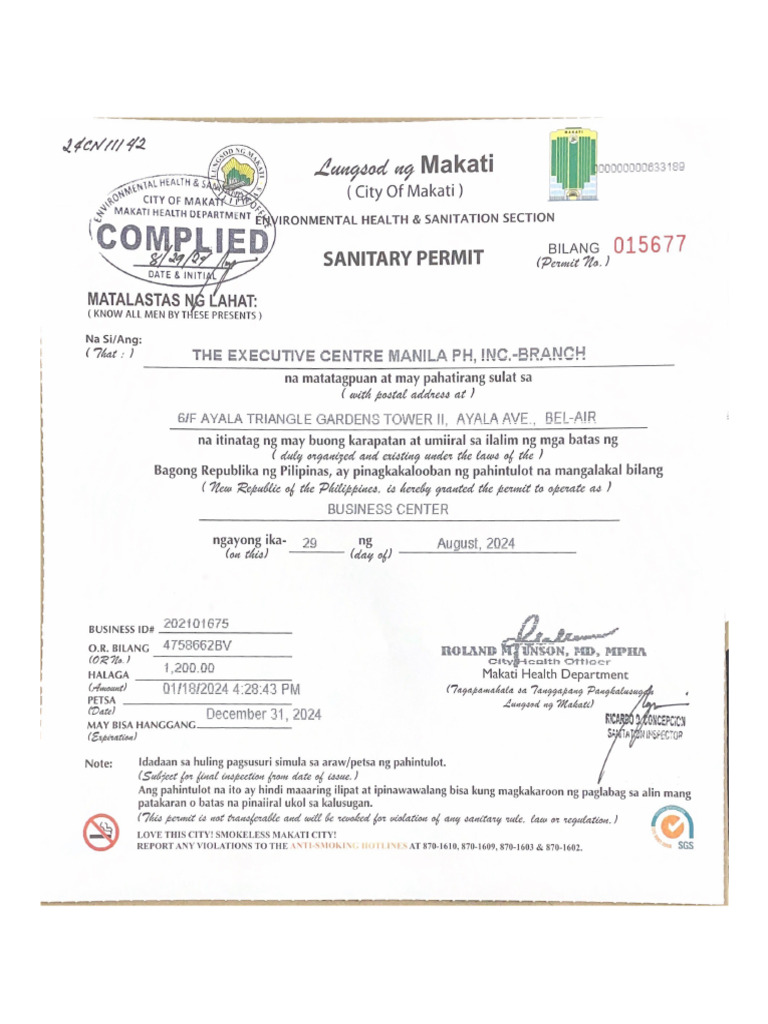 TEC Manila (ATG) Level 6 - Permanent Sanitary Permit 2024 | PDF