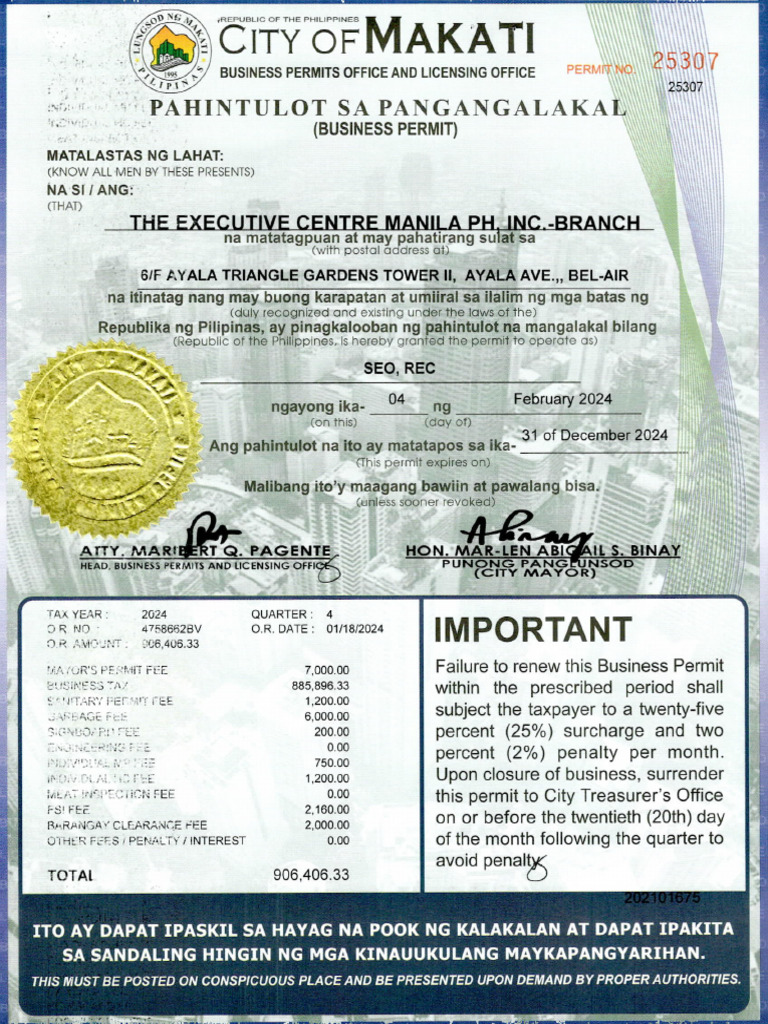 TEC MANILA (ATG) - Mayor_s Permit | PDF