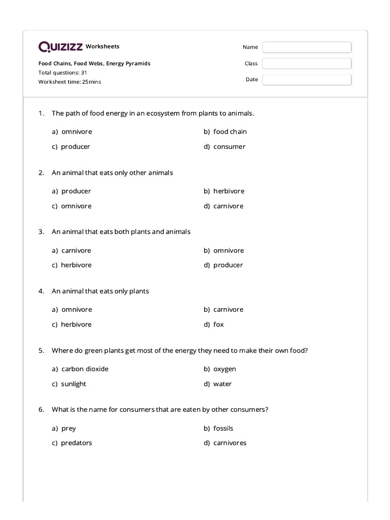 G8 Food Chains, Food Webs, Energy Pyramids - Quizizz With Ans Key | PDF | Foods | Food Web