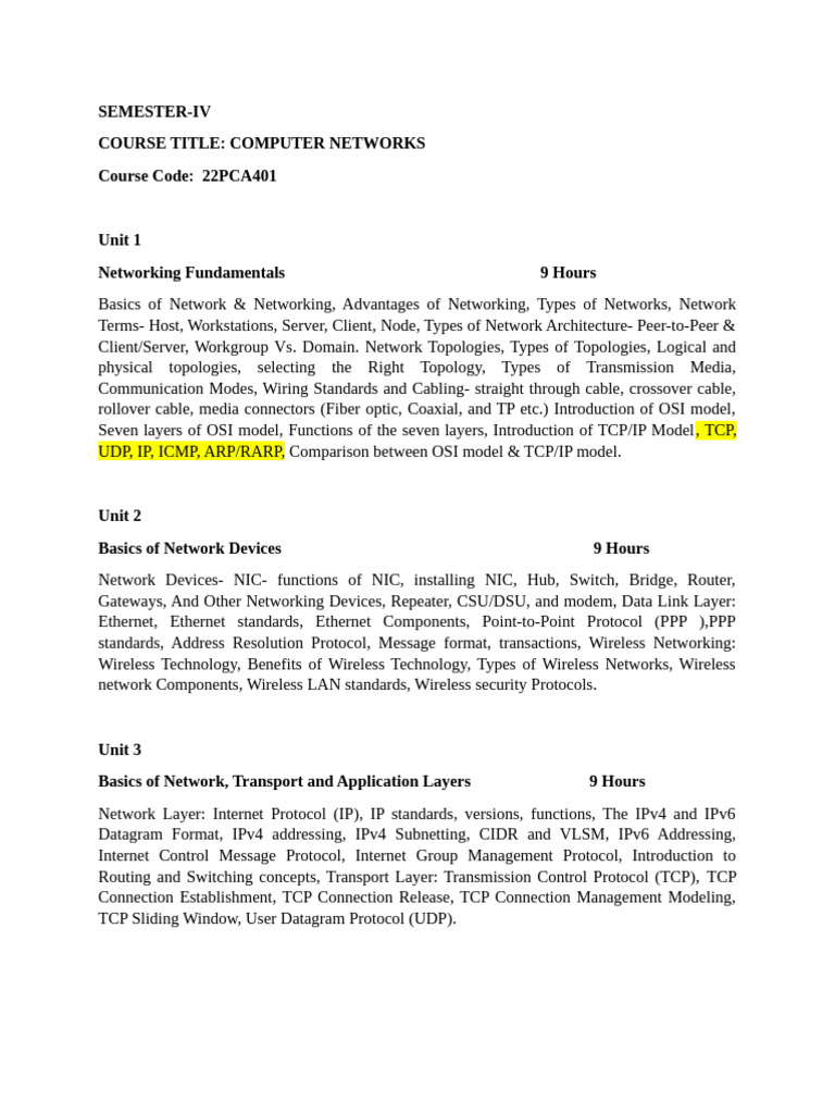 Sem 4-Computer Networks-22PCA401 | PDF | Computer Network | Network Topology