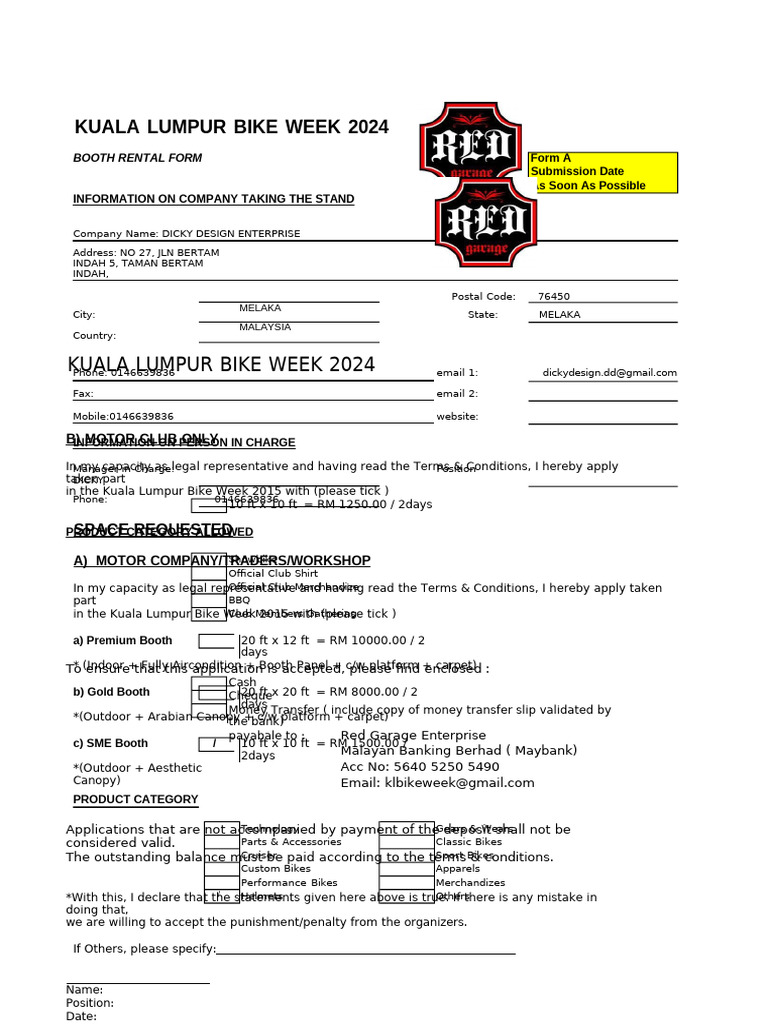Kuala Lumpur Bike Week 2024 Booth Rental Form | PDF | Banking