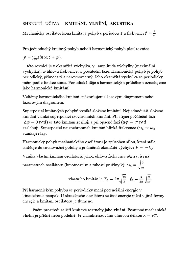 FYZIKA - SHRNUTÍ UČIVA KMITÁNÍ, VLNĚNÍ, AKUSTIKA (1) | PDF