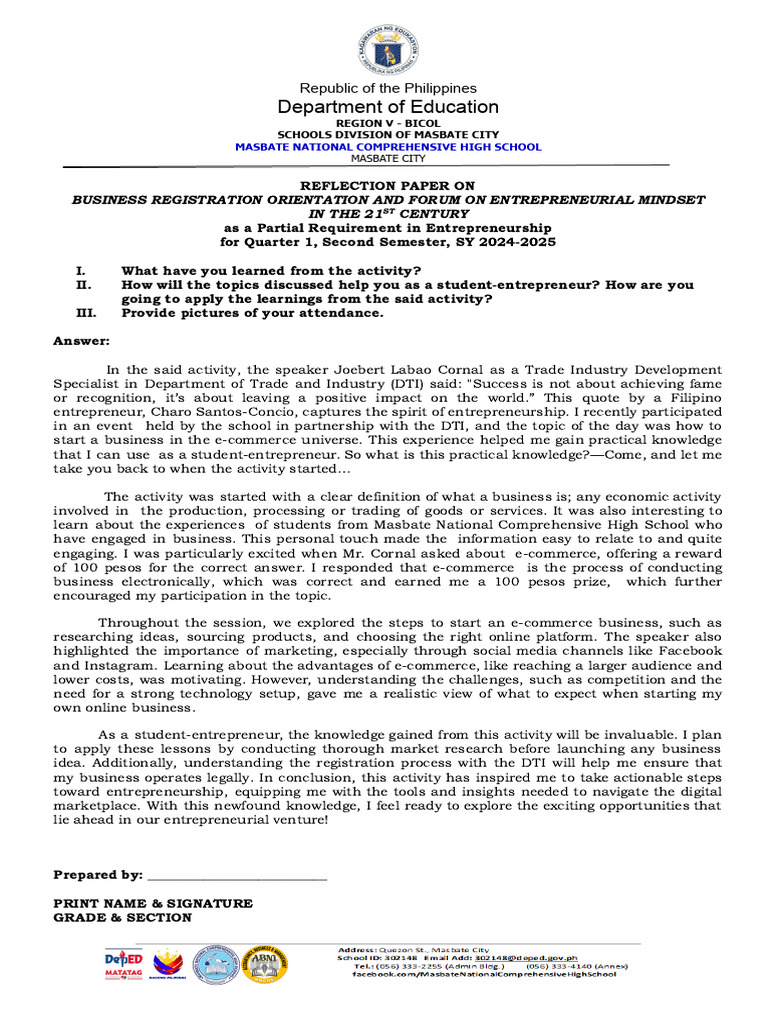 Reflection-Paper Businessregistrationorientation | PDF ...