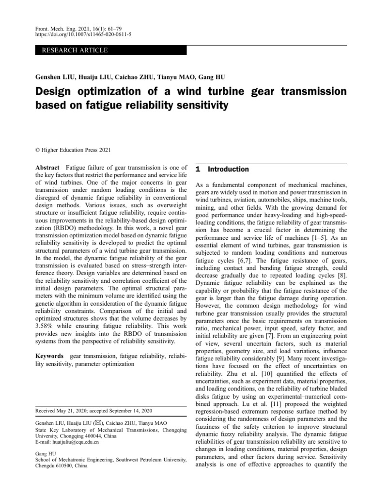 Design Optimization of A Wind Turbine Gear Transmission Based On Fatigue Reliability Sensitivity ...