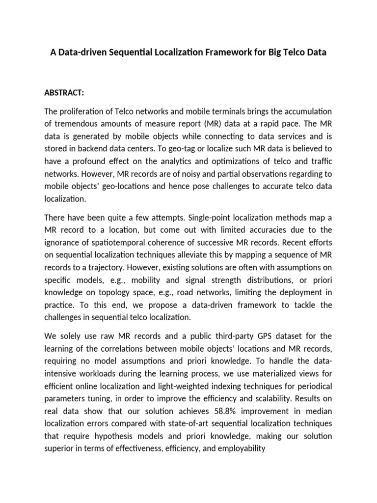 A Data Driven Sequential Localization Framework For Big Telco Data Pdf Data Machine Learning