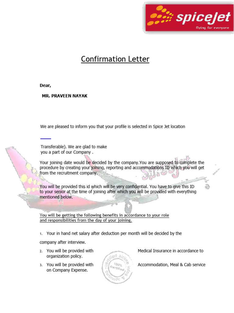 Confirmation Letter Spicejet - PRAVEEN | PDF