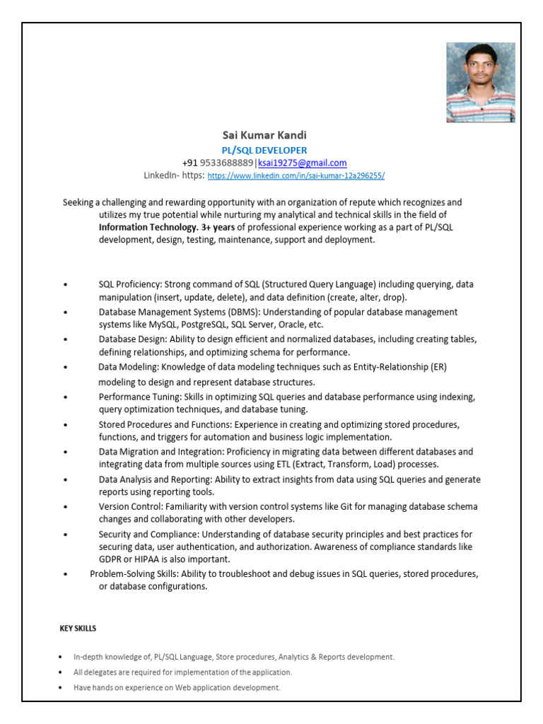PL_SQL_Software developer_SaiKumar | PDF | Databases | Sql