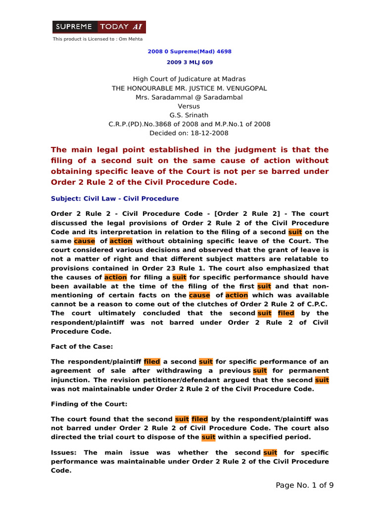 Mrs Saradammal Saradambal Vs G S Srinath 2008 0 Supreme Mad 4698 | PDF | Lawsuit | Cause Of Action