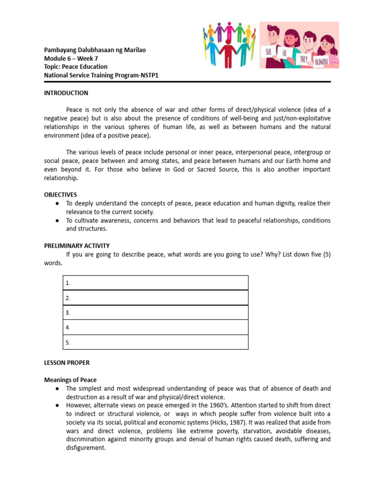NSTP 1 MODULE 6 Week 7 Peace Education 2425.docx 1 1 | PDF | Violence ...