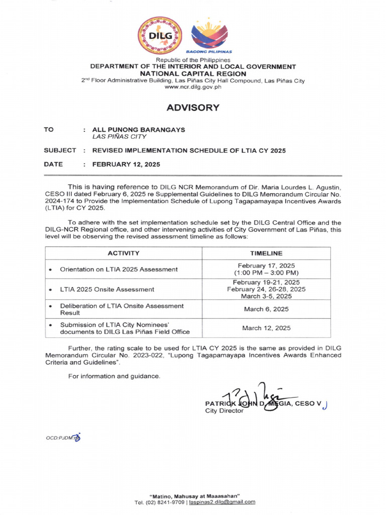 DILG LP Advisory - Revised Implementation Schedule of LTIA CY 2025 | PDF