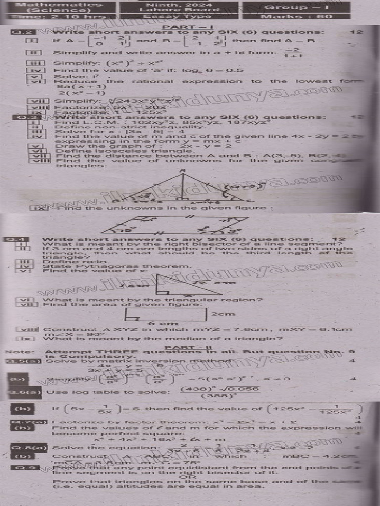 Past Paper 2024 Lahore Board Class 9th Math Group I Subjective English Medium | PDF