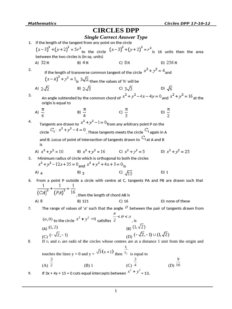 Circles DPP 17-10-12 With Key | PDF | Circle | Elementary Geometry