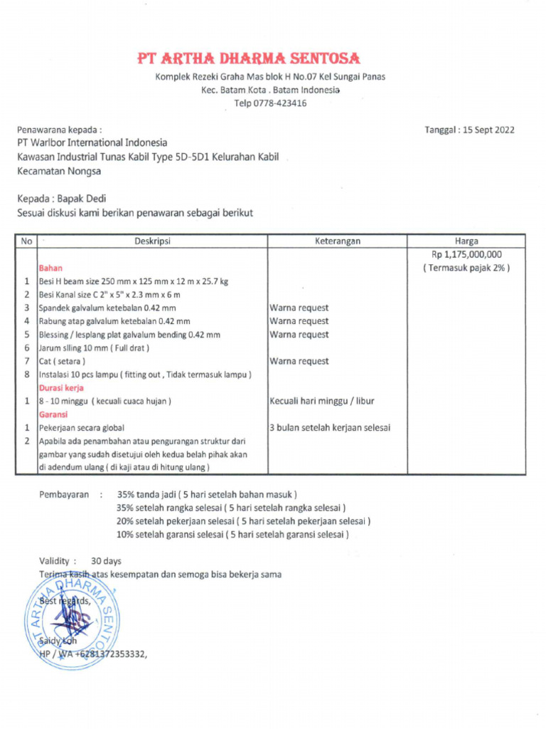 Panawaran pekerjaan struktur ruangan workshop | PDF