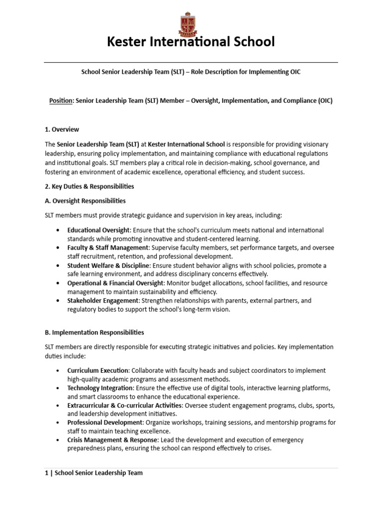 Kester School SLT Role & Responsibilities | PDF | Leadership ...