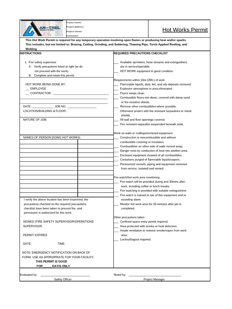 Hot Work Permit Guidelines and Checklist | PDF | Fires | Building ...