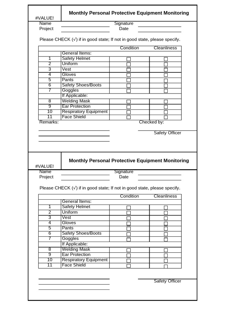 Monthly PPE Monitoring Checklist | PDF