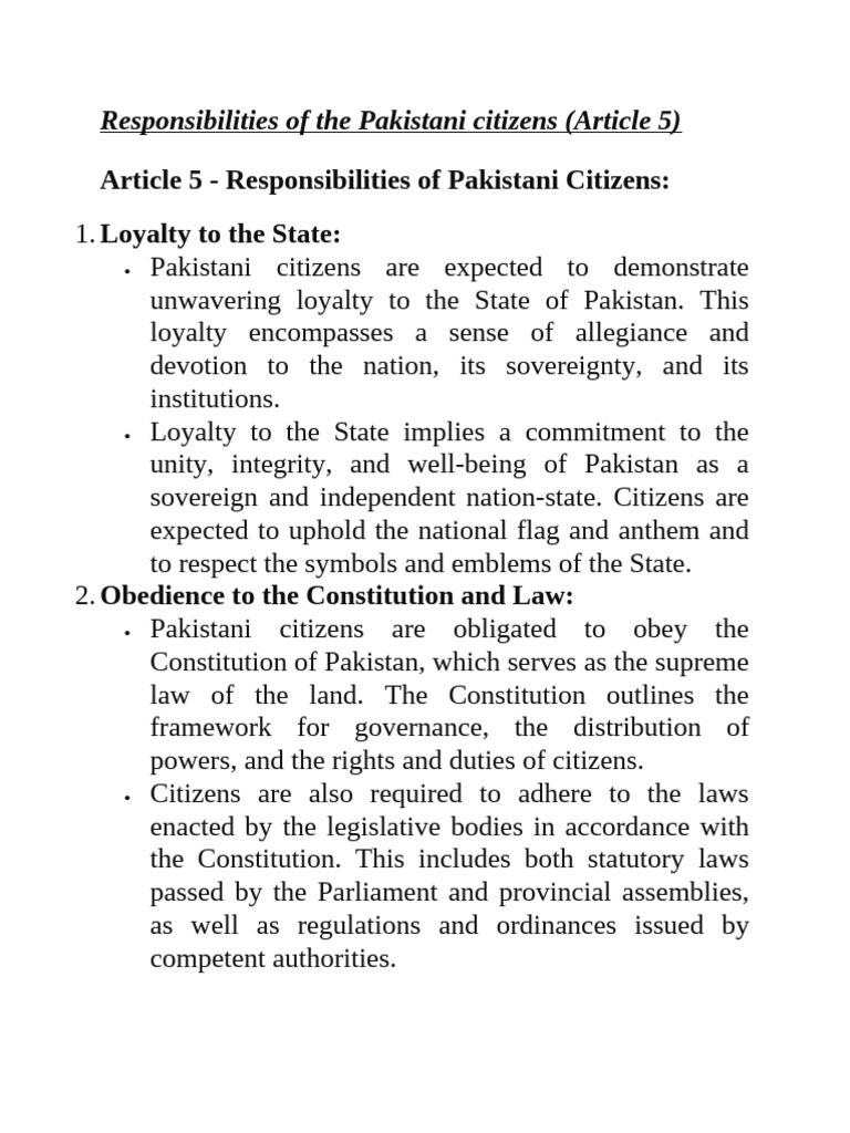 Responsibilities of Pakistani Citizens | PDF | Citizenship | Constitution
