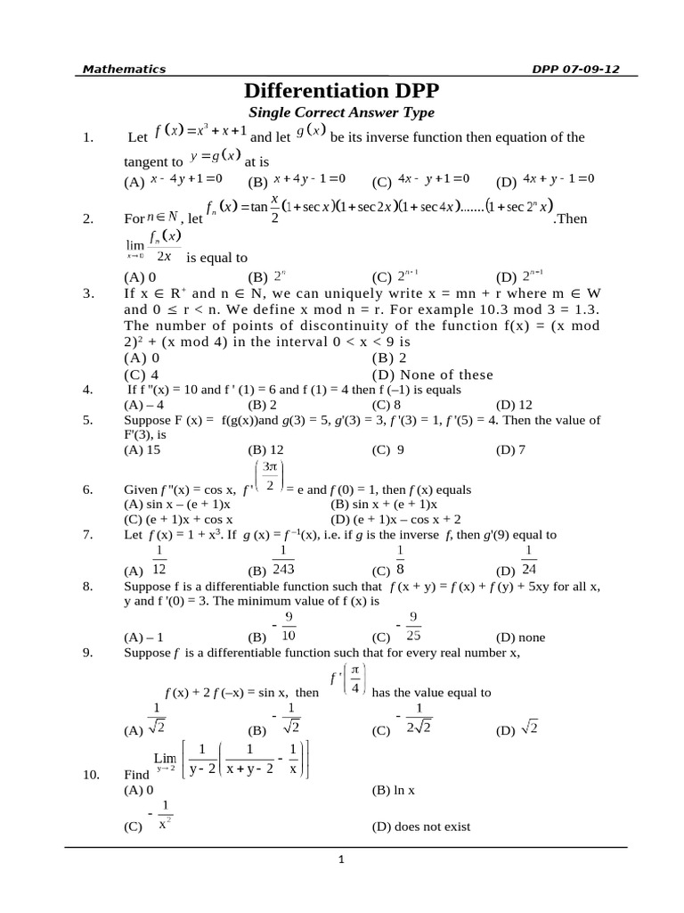DIFFERENTIATION DPP 07-09-12 | PDF | Function (Mathematics) | Derivative