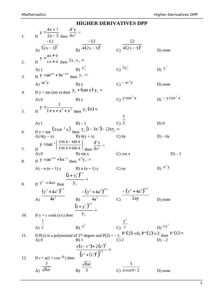 Higher Derivatives DPP Final | PDF | Mathematical Analysis | Algebra