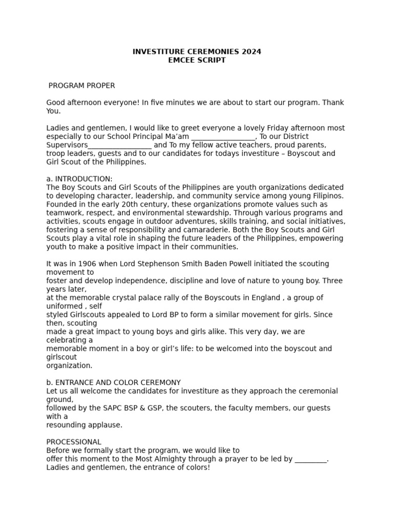 INVESTITURE CEREMONIES Script | PDF | Scouting | Youth Movements