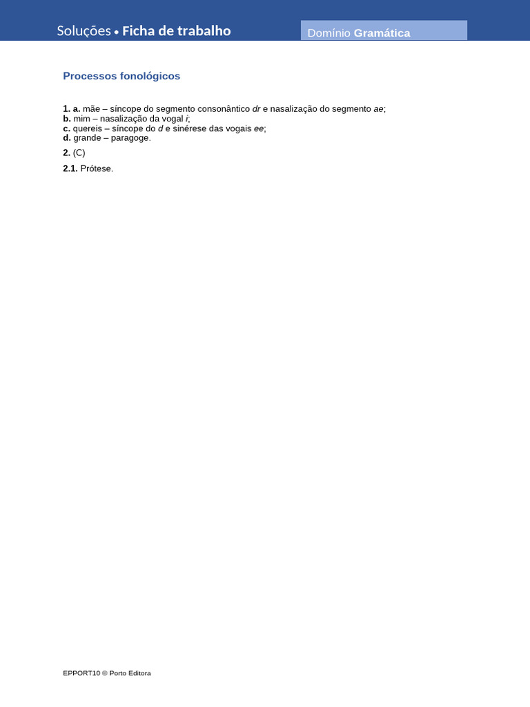 Epport10 Solucoes Ficha Gramatica Processos Fonologicos | PDF