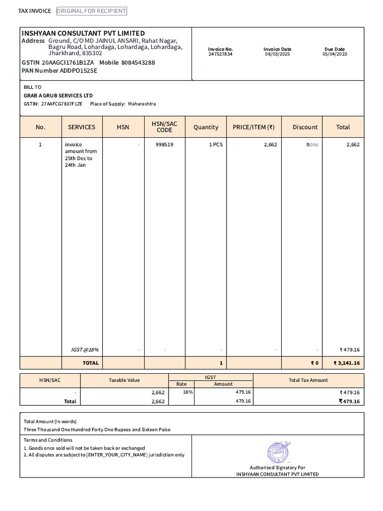 GRAB A GRUB SERVICES LTD Sales Invoice 247527834 | PDF