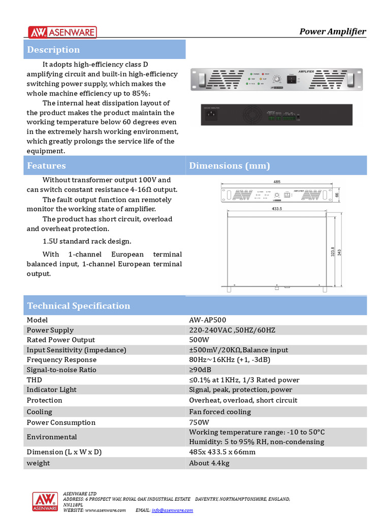 AP500 Series Power Amplifier Specs | PDF