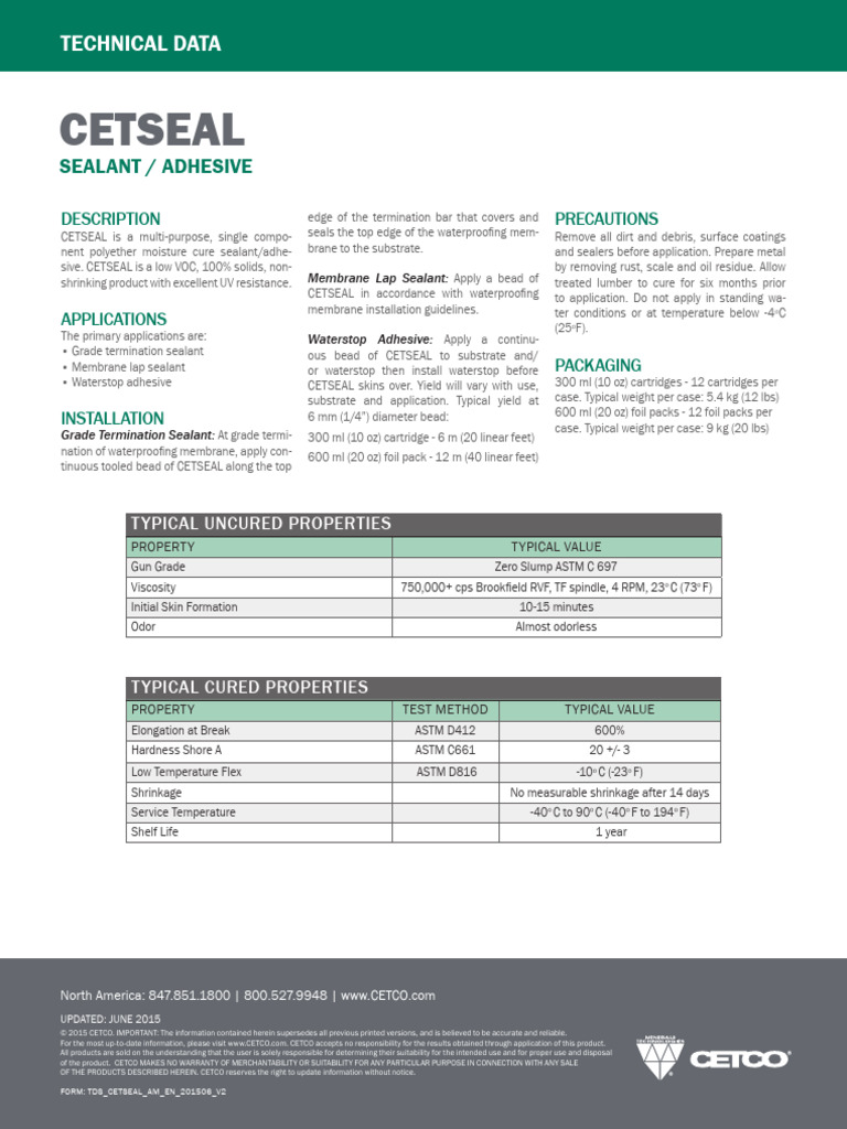 CETSEAL Product Data 1693542 | PDF | Adhesive | Materials