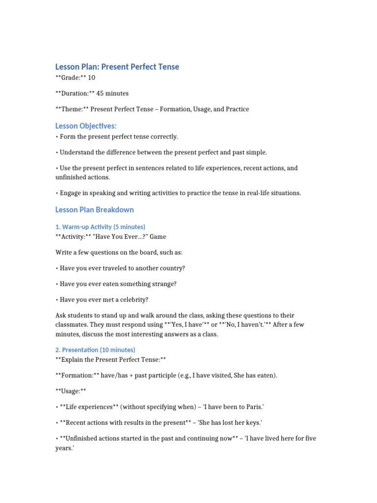 Present Perfect Lesson Plan | PDF | Perfect (Grammar) | Language Mechanics