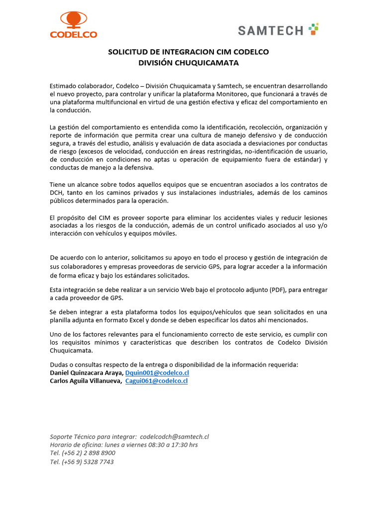 Carta Integracion Samtech - DCH | PDF