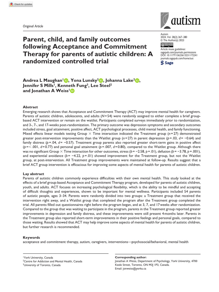 Maughan Et Al 2023 Parent Child and Family Outcomes Following Acceptance and Commitment Therapy ...