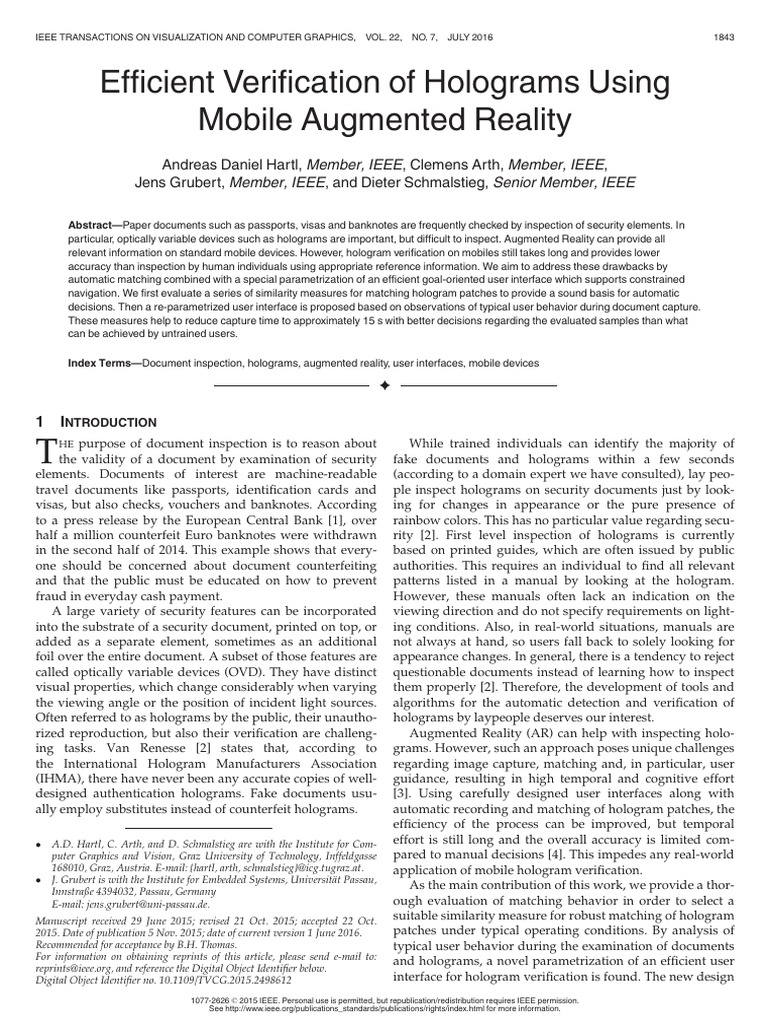 Efficient Verification of Holograms Using Mobile Augmented Reality ...