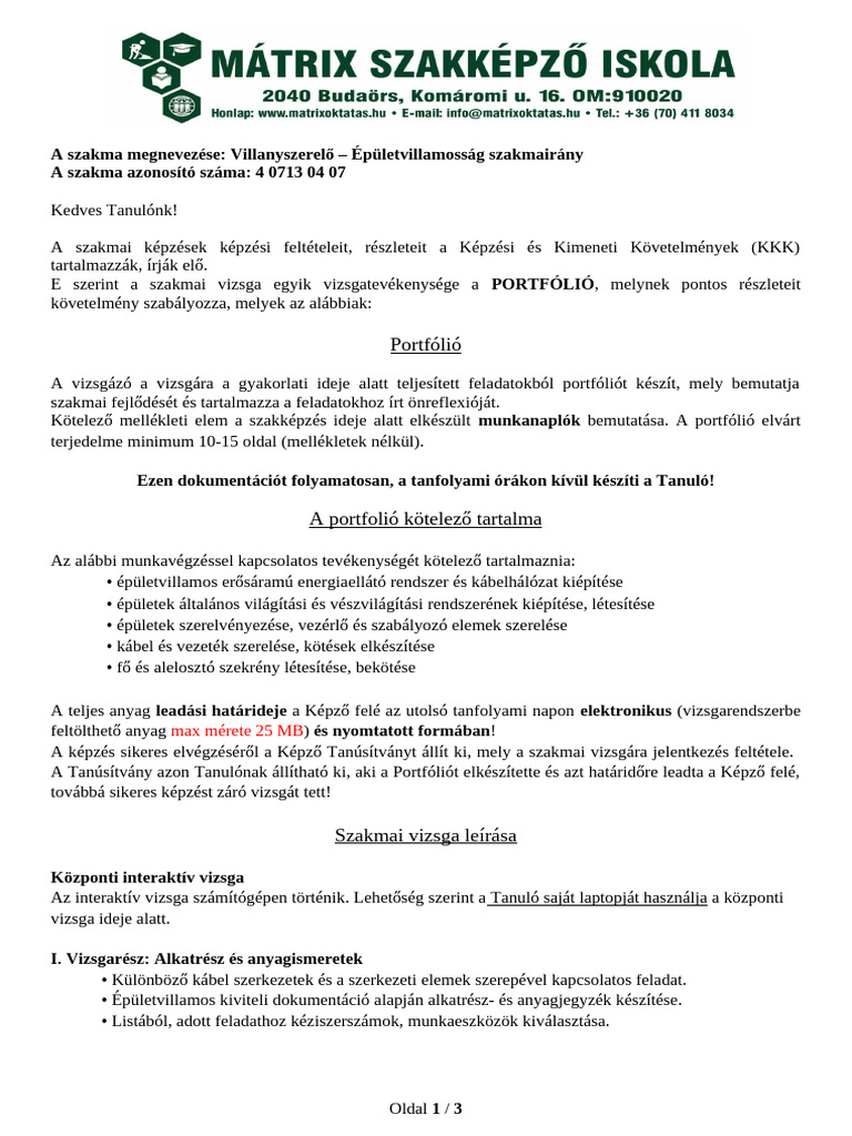 Tanulói Tájékoztató - Portfólió +szakmai Vizsga - Villanyszerelő | PDF