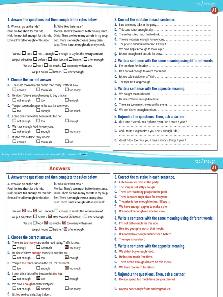 Grammar Worksheet Too Enough ESLX | PDF | Linguistics | Syntax
