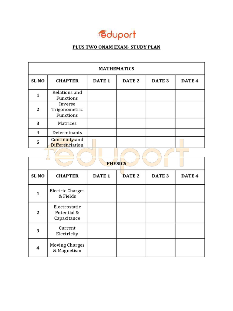 Plus Two Onam Exam - Study Plan | PDF