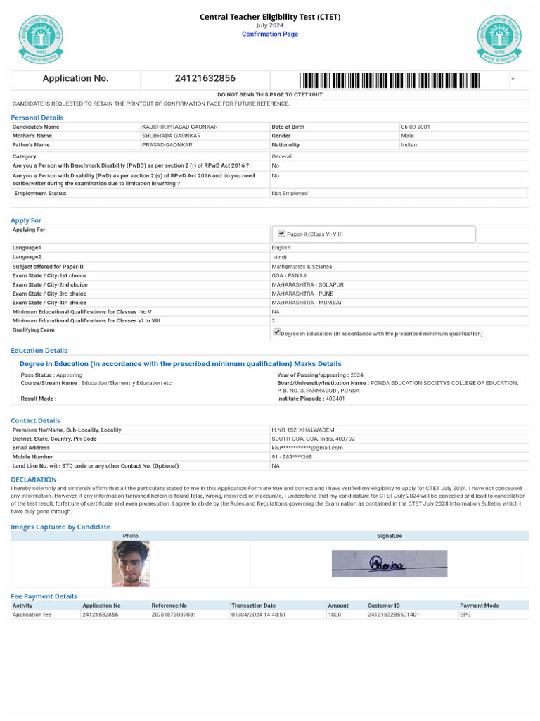 CTET Registration Confirmation Details | PDF