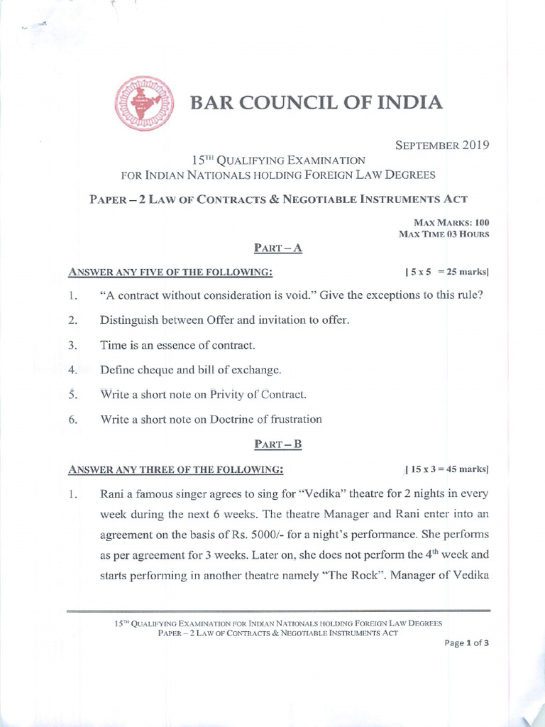 Paper 2 Law of Contracts & Negotiable Instruments Act Dt. 17.09.2019 | PDF