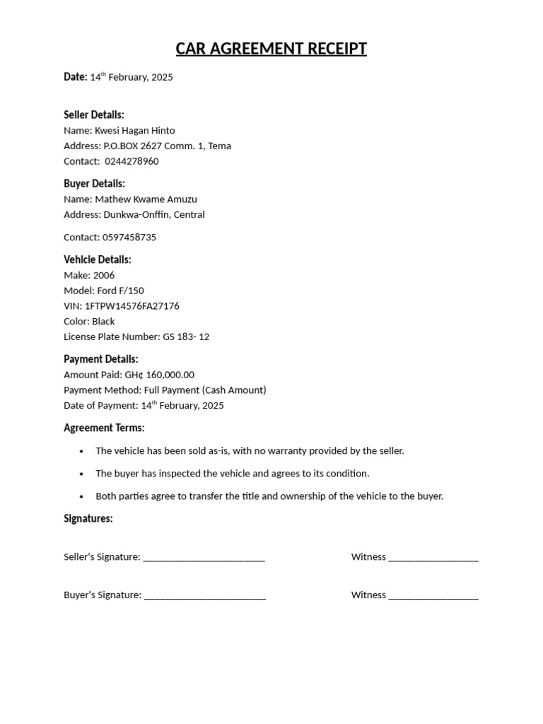 Car Agreement Receipt | PDF