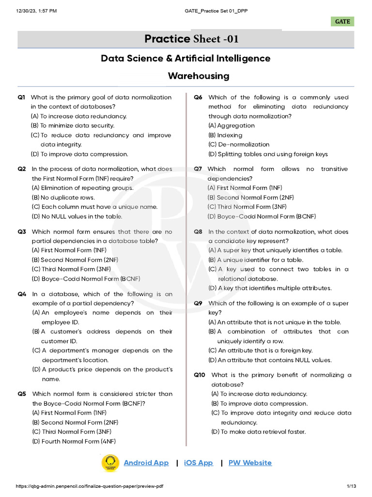 Warehousing - Practice Sheet | PDF | Data Warehouse | Data Compression