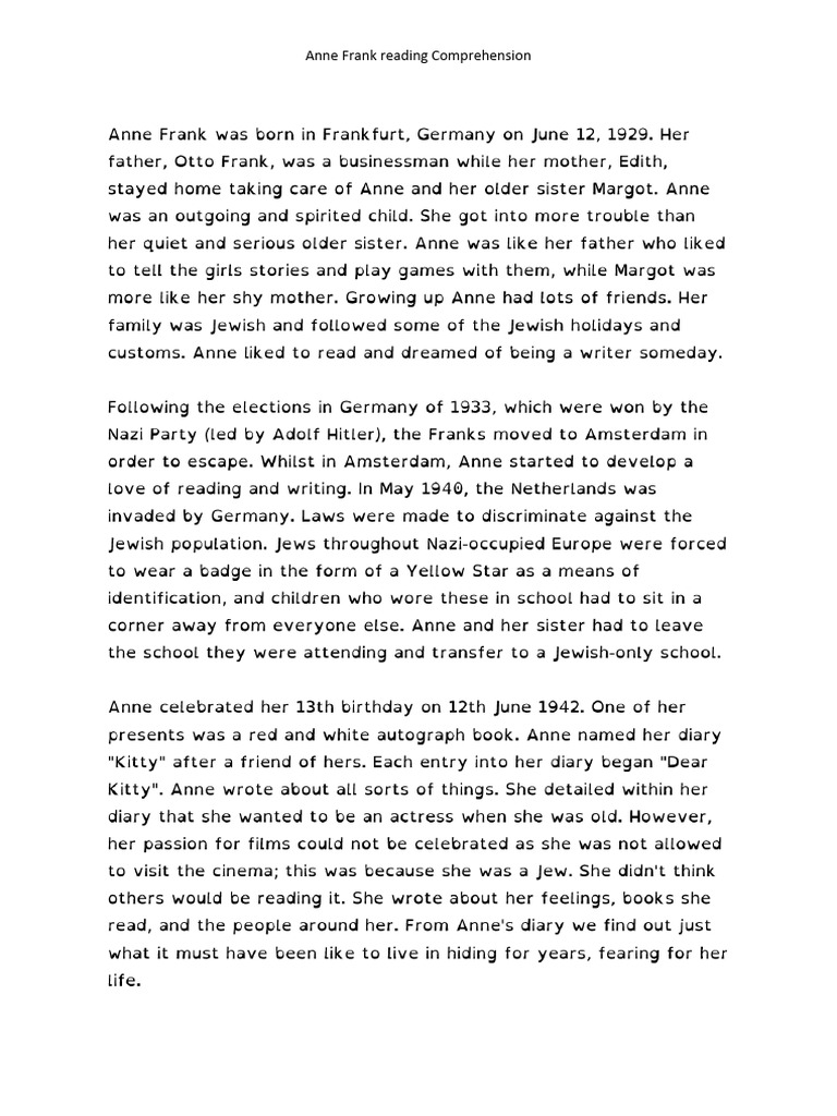 Anne Frank Comprehension | PDF