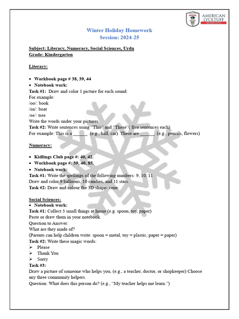 Kindergarten Winter Holiday Homework Guide | PDF