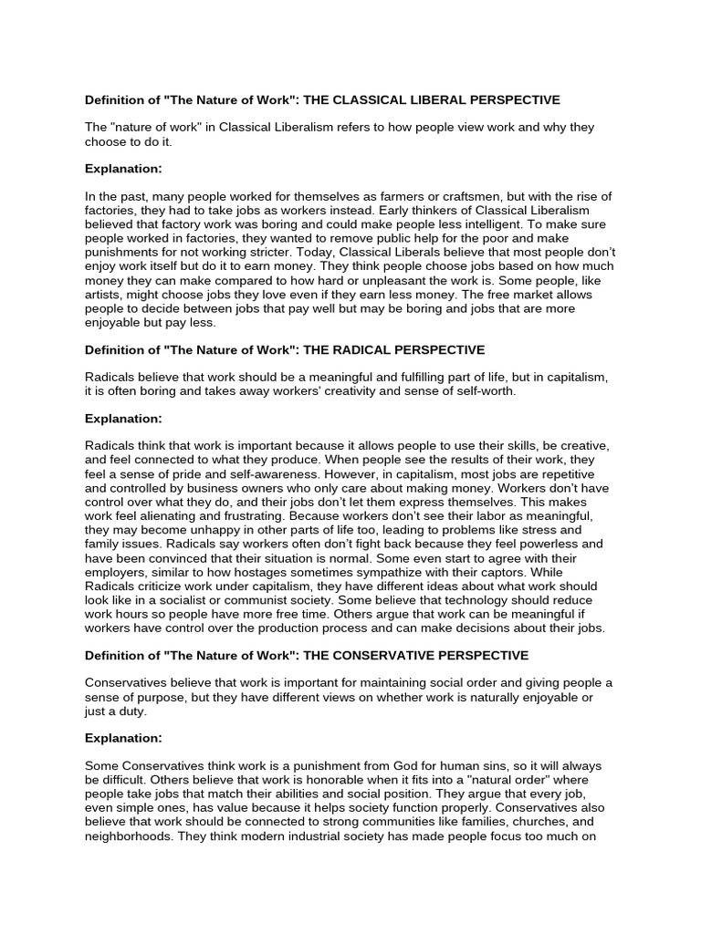 Definition of - The Nature of Work - THE CLASSICAL LIBERAL PERSPECTIVE | PDF | Liberalism ...