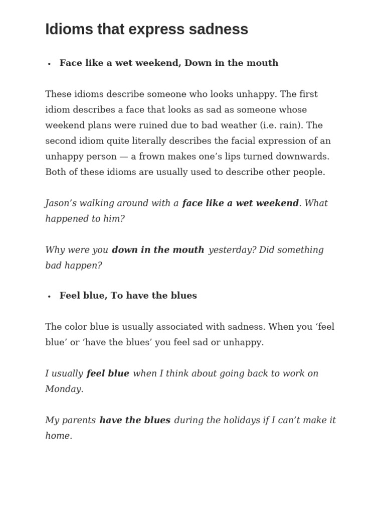 Idioms That Express Sadness, Happiness | PDF | Emotions | Psychology
