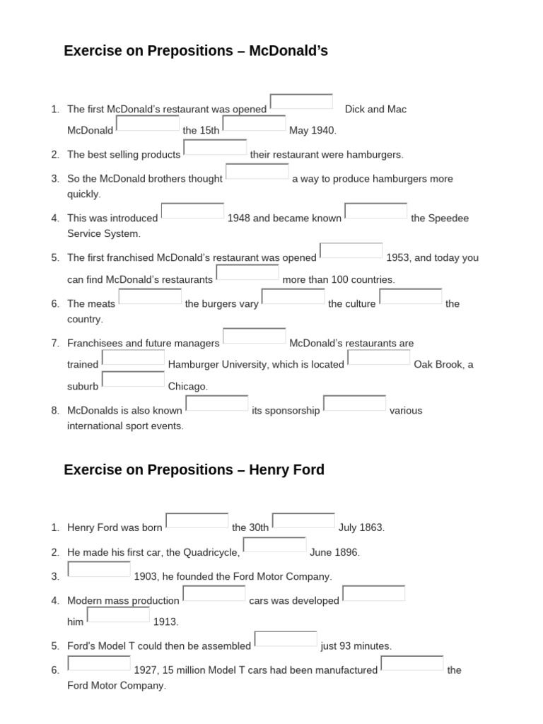 Exercise On Prepositions | PDF