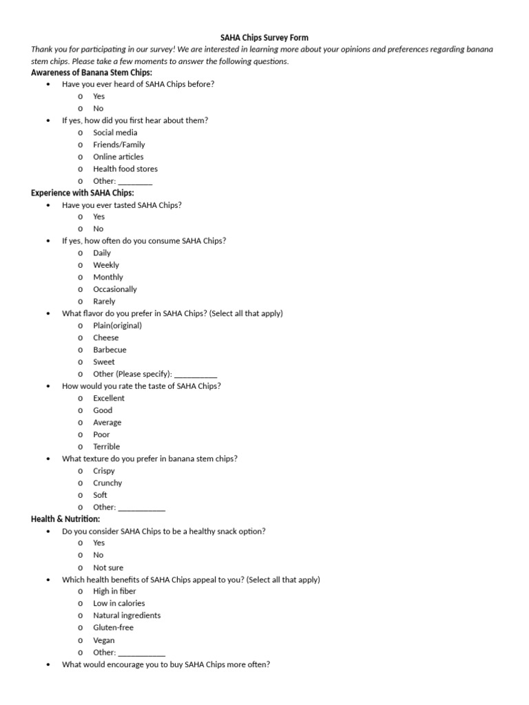 SAHA Chips Survey Form | PDF | Foods