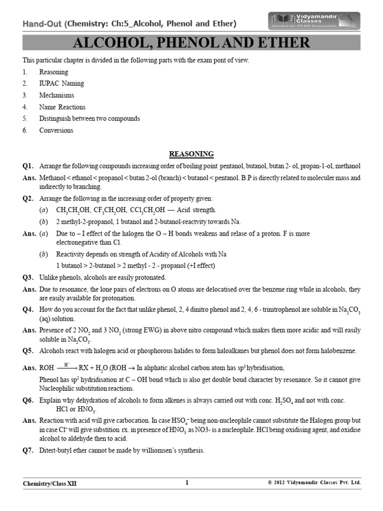 IITJEE 2013-Chemistry-Handout-Alcohol, Phenol and Ether | PDF | Ether ...