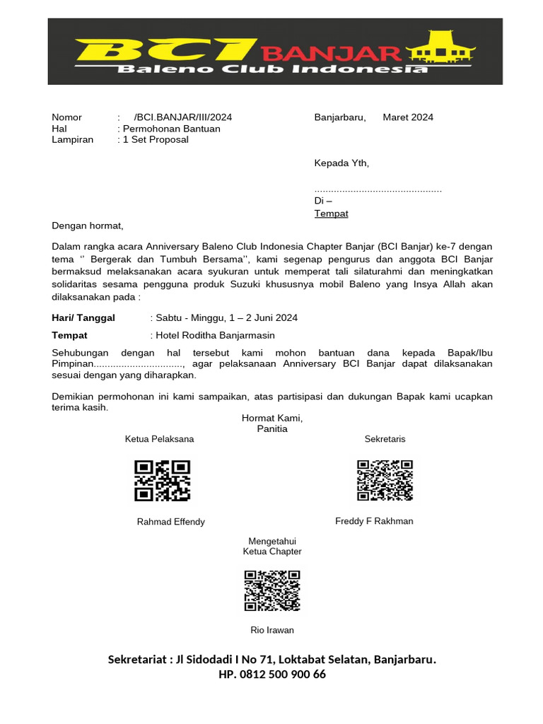 Permohonan Sponsor Anniversary BCI Banjar | PDF