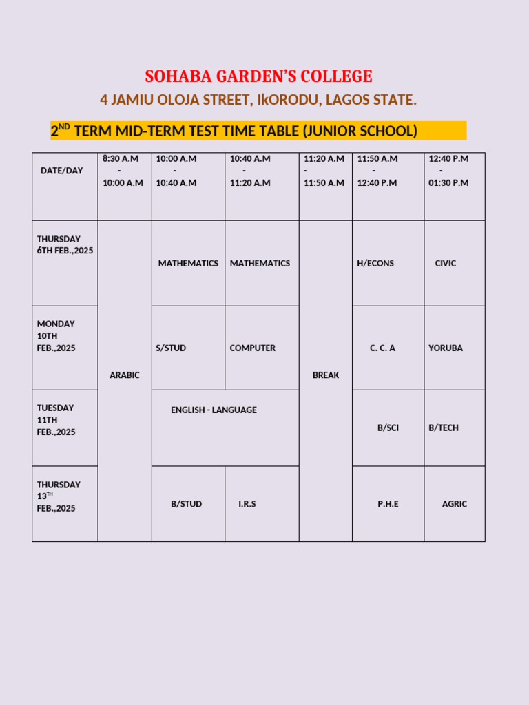 Junior School Mid-Term Test Timetable | PDF | Room | Textiles