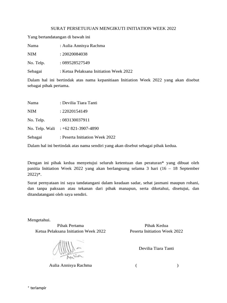 Surat Persetujuan Mengikuti Initiation Week 2022 Salinan | PDF