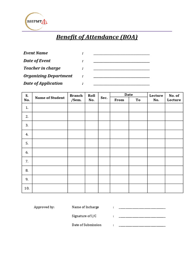 BOA Attendance Form Template | PDF